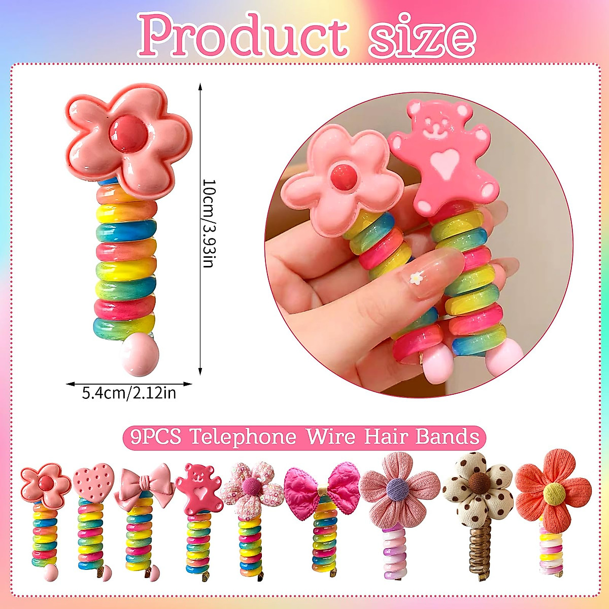Colorful Telephone Wire Hair Bands Bowknot Braided Flower Telephone Cord Hair Ties Ponytail Holder Phone Cord Spiral Hair Ties for Kids (Colorful)