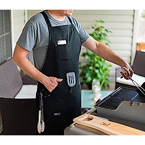 Professional Chef Apron for Men Women Cooking Kitchen BBQ Grill with Large Tool Pockets, Adjustable Size, Cotton Black, Quick Release Buckle, Dual Side Loops