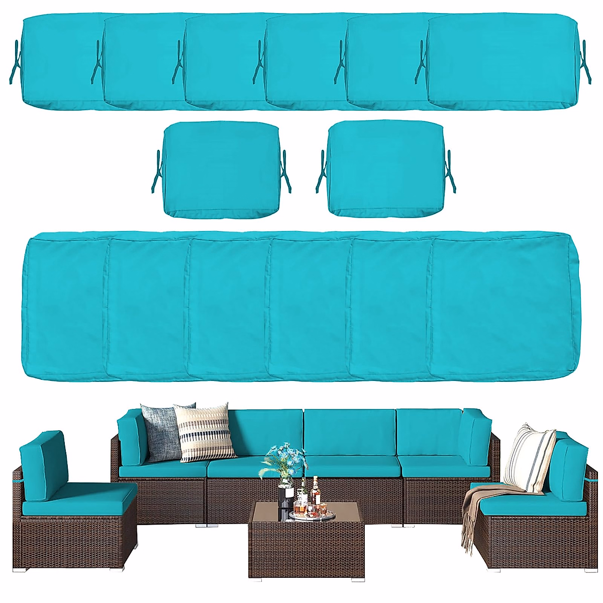 YQNUCO Patio Cushion Covers Replacement, Outdoor Cushion Covers for Patio Furniture Waterproof with Zipper, Washable Wicker Rattan Sectional Sofa Couch Chair Cover Set with Ties (Lake Blue, 14 PCS)