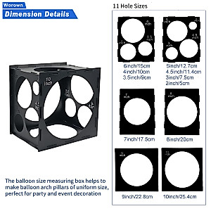 Worown 11 Holes Collapsible Black Plastic Balloon Sizer Box, Balloon Sizer Cube, Balloon Size Measurement Tools for Balloon Decorations, Balloon Arches (2-10 Inch)