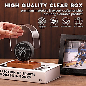 JupDec Hockey Puck and Collectibles Display Case, Premium Acrylic Clear Box Puck Holder with Mahogany Wood Base, Showcase for Autographed Souvenir Memorabilia, Collectible Figure Stand