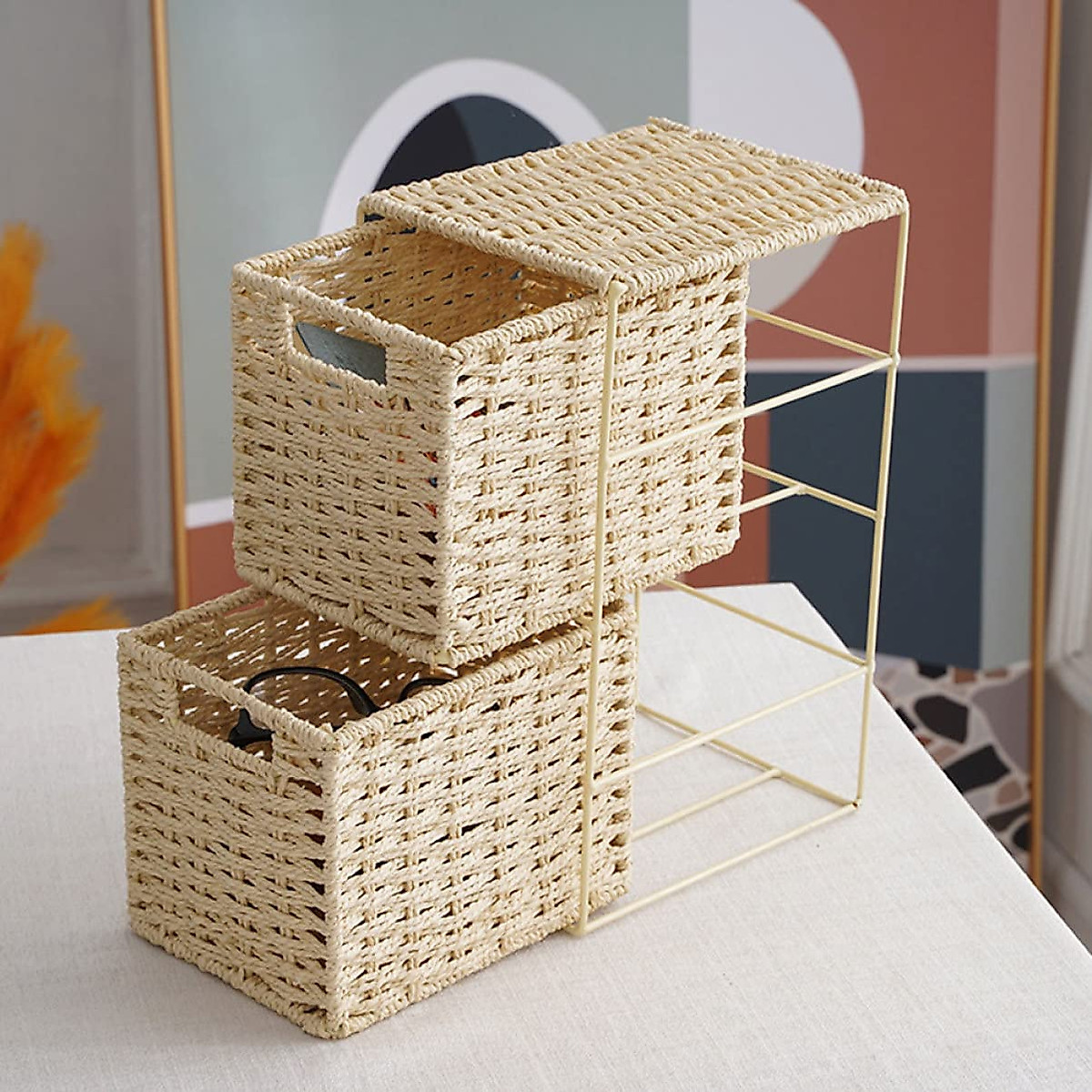 Cabilock Rattan Double Layer Basket wicker basket 3 drawer plastic storage 2 tier organizer baskets woven sliding basket plastic drawers for clothes pantry pvc imitation rattan egg to weave