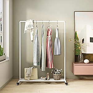 FONECHIN Industrial Clothing Rack on Wheels, Boutique Display Clothes Rack with Shelf, Rolling Garment Rack for Retail Use (White)