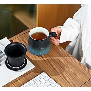 NCQIXIAO Tea Cup with Infuser and Lid, Gradual Mountain and Spray Tea Mug Cups with Infuser, Wood Handle Ceramic Coffee Mug with Lid Tea 430ml/14.50 OZ (Gradient Blue)