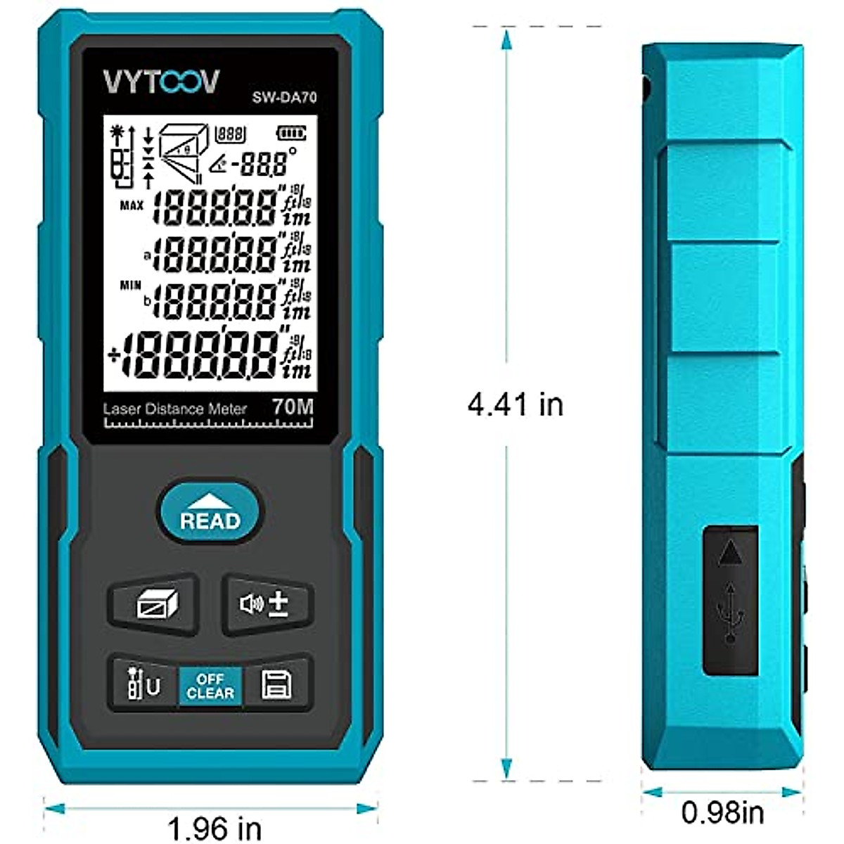 Laser Measurement Tool 229Ft 70M IP54 M/in/Ft/Ft+in Digital Angle Sensor Measure Backlight LCD Laser Distance Meters with Pythagorean Mode Laser Measure Distance Area and Volume - Rechargeable
