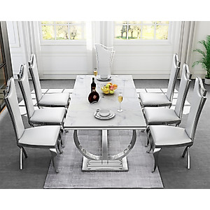 70'' Marble Dining Room Table for 6 or 8, Modern Marble Dining Table w/Silver Stainless Steel U-Base Rectangular Kitchen Table for 8, Large White Dining Table for Home Kitchen Dining Room