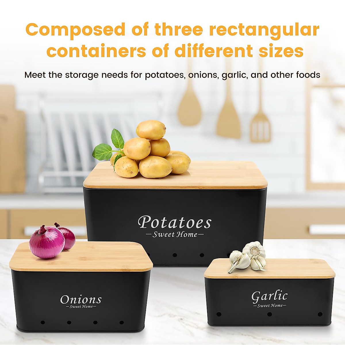 WHSUNVO 3Pcs Onion Garlic Potato Storage Box Set Carbon Steel Potato Onion Storage Bin with Vent Hole Multipurpose Vegetable Keeper Containers Potato Onion Garlic Jars Storage Canisters(Black)