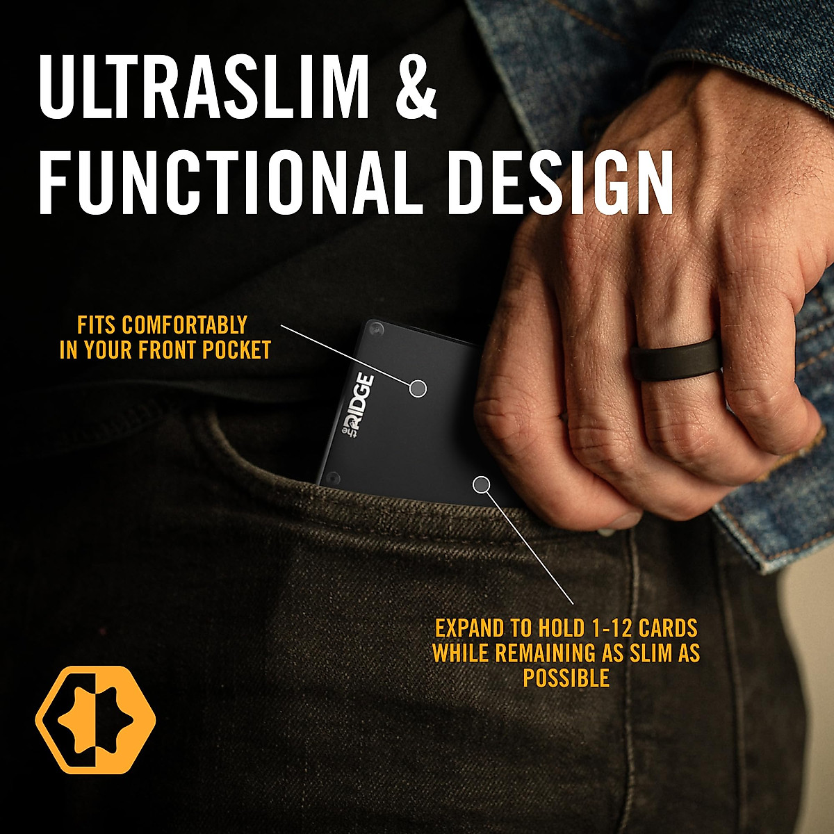 The Ridge Wallet For Men, Slim Wallet For Men - Thin as a Rail, Minimalist Aesthetics, Holds up to 12 Cards, RFID Safe, Blocks Chip Readers, Aluminum Wallet With Cash Strap (Black)