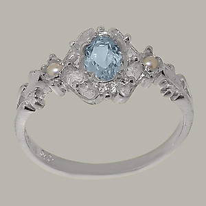 925 Sterling Silver Natural Aquamarine & Cultured Pearl Womens Statement Ring - Size 9.25