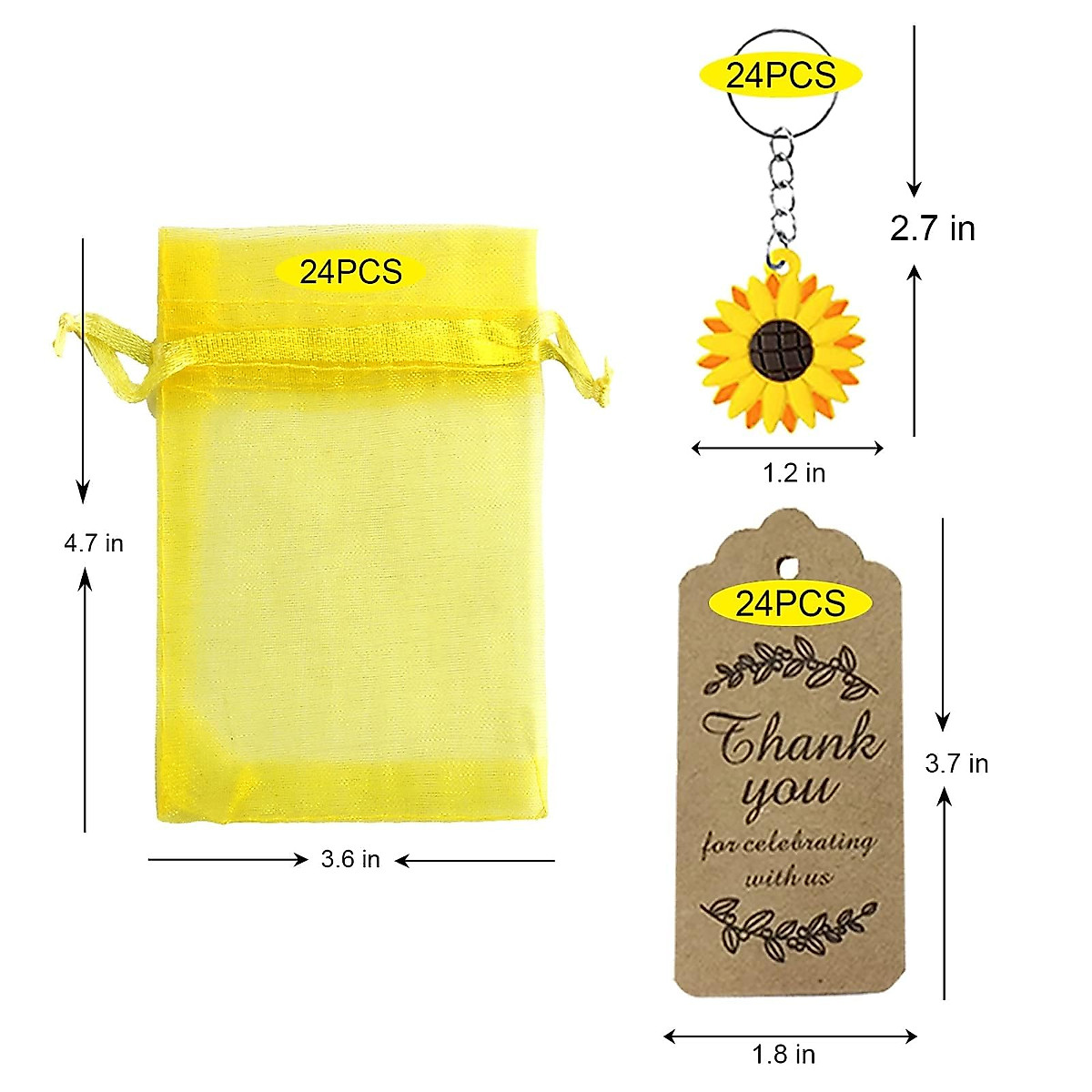 PPXMEEUDC 72 PCS Sunflower Party Favors Set Include Sunflower Keychains Organza Bags Thank You Kraft Tags for Party Supplies School Reward Birthday Wedding Baby Shower Return Present