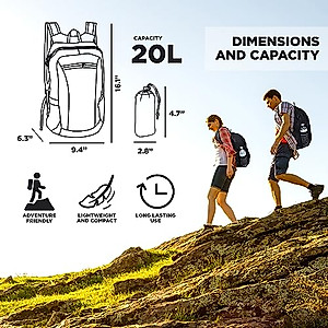 HAUTEROW Hiking Backpack for Women & Men - 16L Waterproof Nylon Packable Daypack for Travel - 2 Compartments, 2 Pockets for Water Bottle, Storage Pouch - Padded Back & Straps - 16.1x9.4x6.3, Black