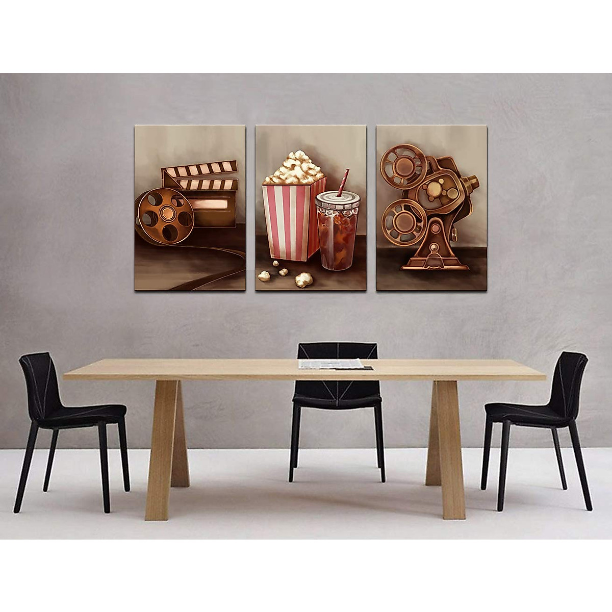 sechars - Extra Large 3 Piece Painting Wall Art Film Reels Popcorn Filmmaking Canvas Art Modern Movie Theater Media Room Decor (24x36inchesx3pcs)