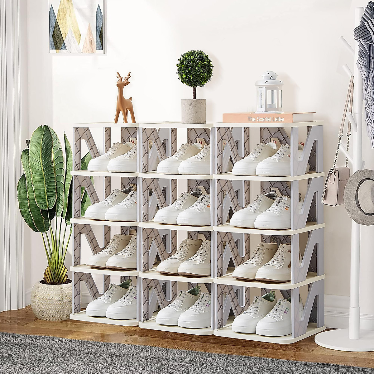 VECELO Foldable Plastic Shoes Rack Storage Organizer for Entryway, Hallway, Closet, Small Space, Gray