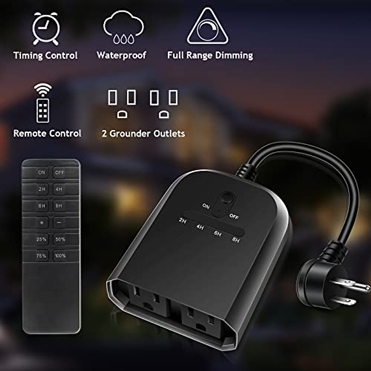 Outdoor Dimmer for String Lights, Remote Control Light Dimmer Plug in, Light Timer Outdoor Waterproof, Wireless 100FT Range with 2 Grounded Outlets for Dimmable LED/Tungsten Bulb/Patio Lights