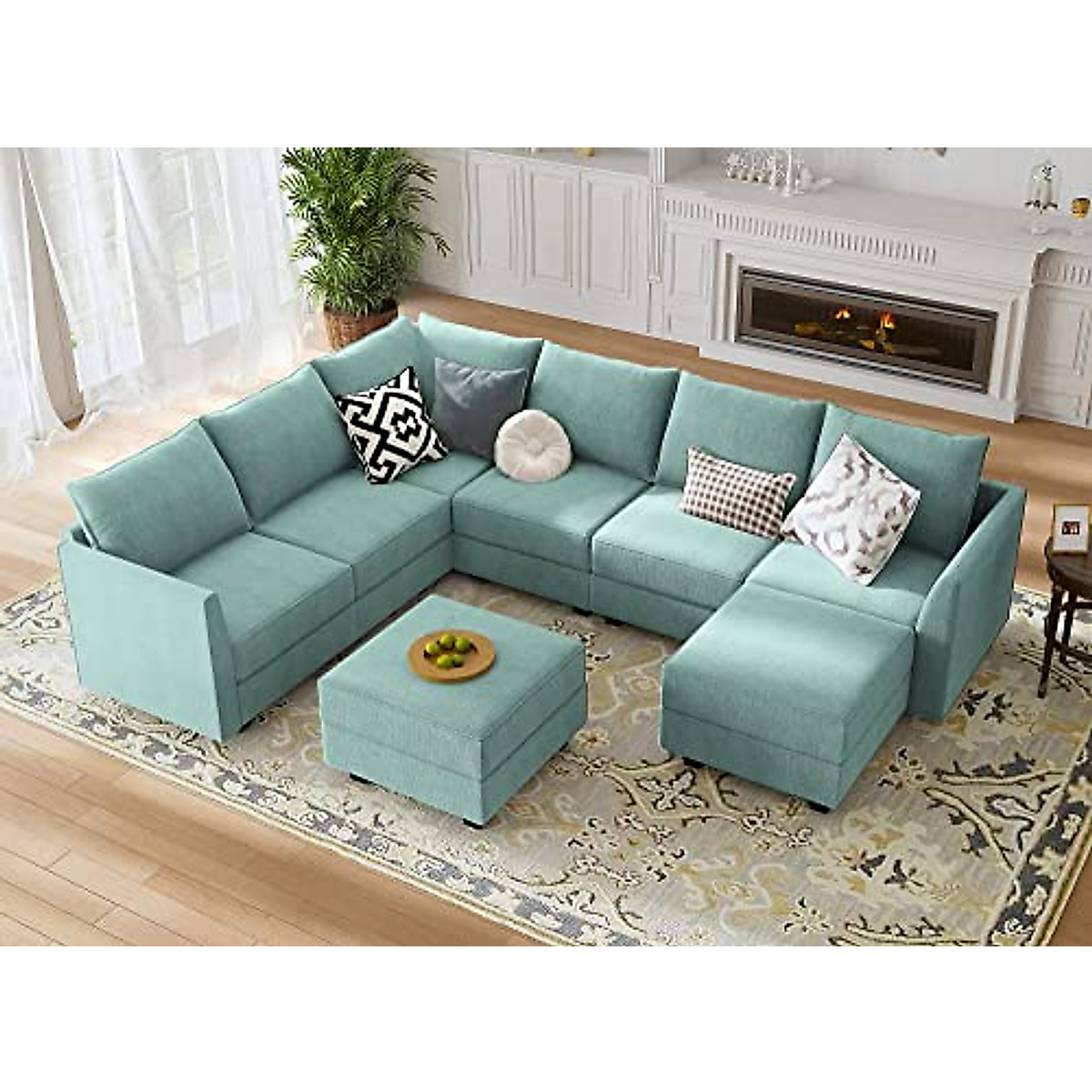 HONBAY Modular Sectional Sofa with Storage Seat Oversized U Shaped Modular Couch with Reversible Chaise Sectional Sleeper Sofa with Ottoman for Living Room, Aqua Blue