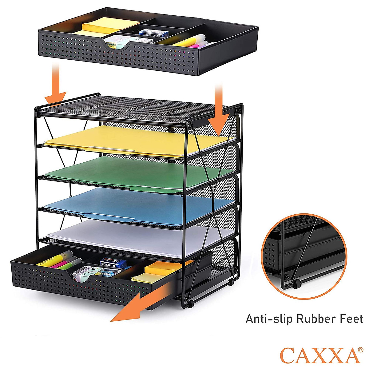 CAXXA 5 Tier Mesh Letter Tray, Desk File Organizer, Desktop Paper Tray Holder with Drawer, Black