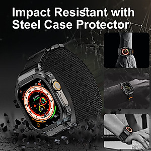 SUPLINK Stainless Steel Case and Nylon Bands Compatible with Apple Ultra 1/2 Watch Band 49mm for Men,Rugged Metal Cover Bumper Sport Strap for iWatch Series Ultra 2/Ultra 1 SE 9 8 7 6 5 4 3 2 1 Black