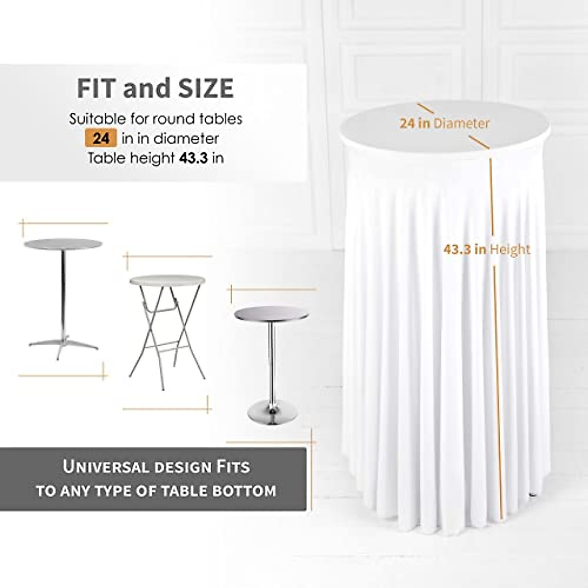 Round cocktail table skirt, white table cloth for highboy table, round tablecloth, spandex fitted table covers for 24 in tables, small corner table cover for high top party or wedding table