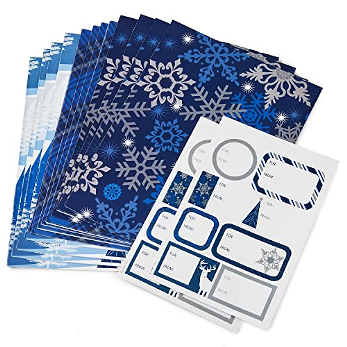 Hallmark Flat Christmas Wrapping Paper Sheets with Cutlines on Reverse and Gift Tag Seals (12 Folded Sheets, 16 Stickers) Blue and Silver Snowflakes, Deer Forest Scene, Blue Tartan Plaid