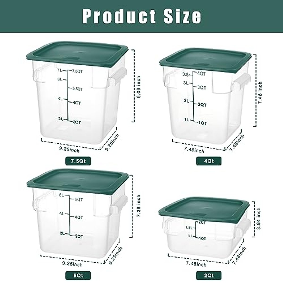 Kigley 4 Pcs Food Storage Containers with Lids Set 2 Qt 4 Qt 6 Qt 7.5 Qt Clear Square Commercial Food Storage Container with Scale Handle for Home Restaurant Kitchen Food Prep(Green)