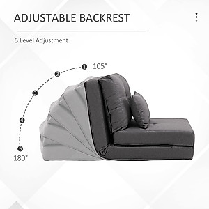 HOMCOM Convertible Flip Chair, Floor Lazy Sofa, Folding Upholstered Couch Bed with Adjustable Backrest, Metal Frame and Pillows for Living Room Bedroom, Dark Grey