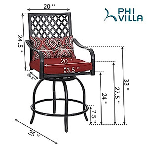 PHI VILLA Outdoor Swivel Bar Stools Set of 2, 27.5" Bar Height Patio Chairs with Red Seat Cushion, Extra Wide Bar Stools with Armrest & Back, Coating Old Craft (Pillow Included)