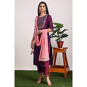 DREAMANGEL FASHION Womens Art Silk Embroidered Kurta Trouser and Dupatta (X-Large, DarkPurple)