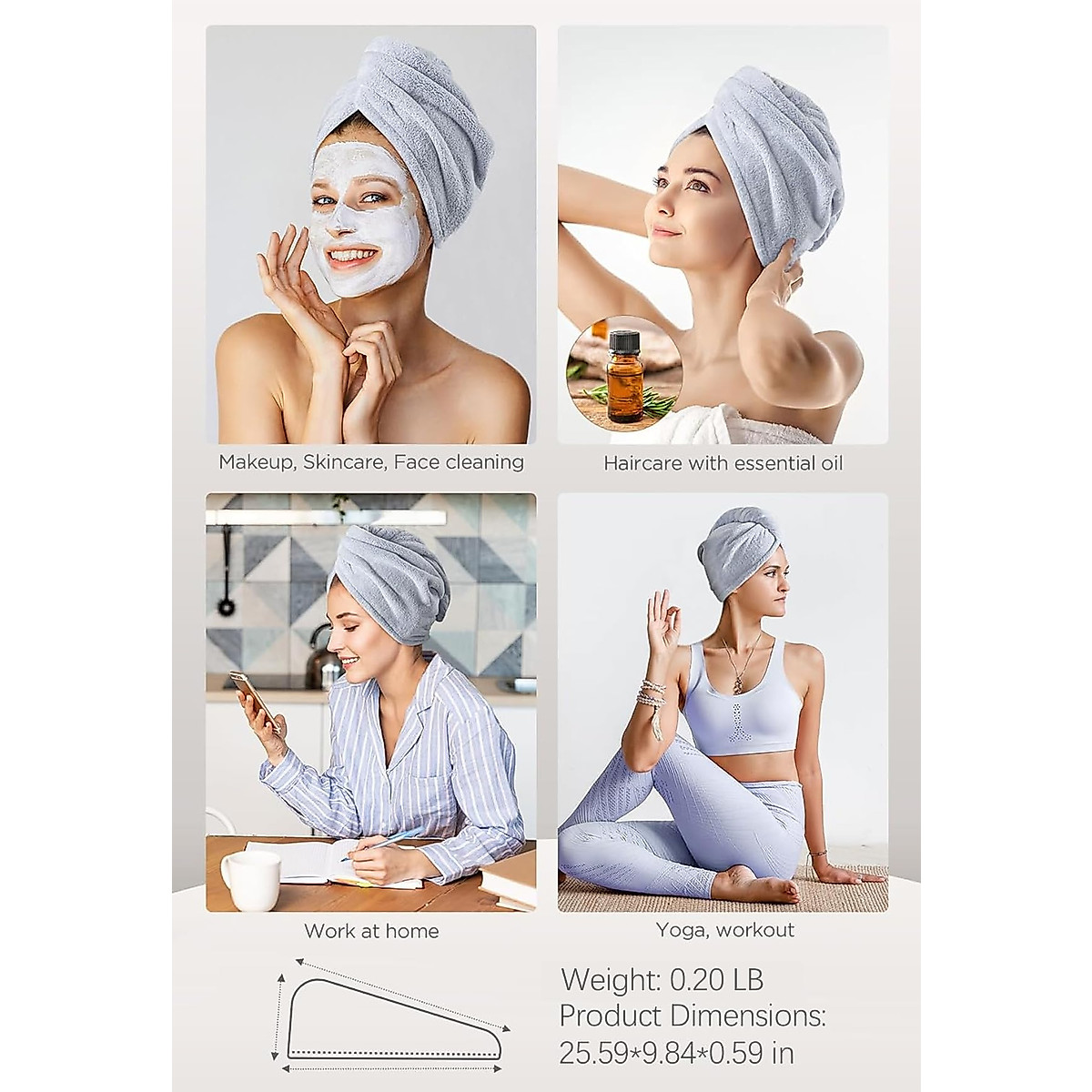 Hicober Microfiber Hair Towel, 3 Packs Hair Turbans for Wet Hair, Drying Hair Wrap Towels for Curly Hair Women Anti Frizz(Grey,Blue,Grey)