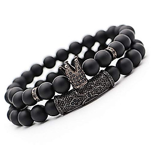 CARSHIER 4 PCS Bracelets for Men Women Friendship Lava Stone Crown Bead Bracelets 8MM Natural Essential Oil Diffuser Beads Bangles Gifts