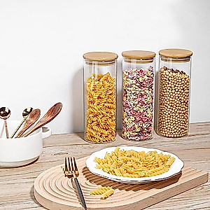 ComSaf Airtight Glass Storage Containers with Bamboo Lid (30oz Set of 3), Clear Food Storage Canisters with Lid, Kitchen Pantry Storage Jar for Flour Cereal Sugar Tea Coffee Beans Snacks, Round