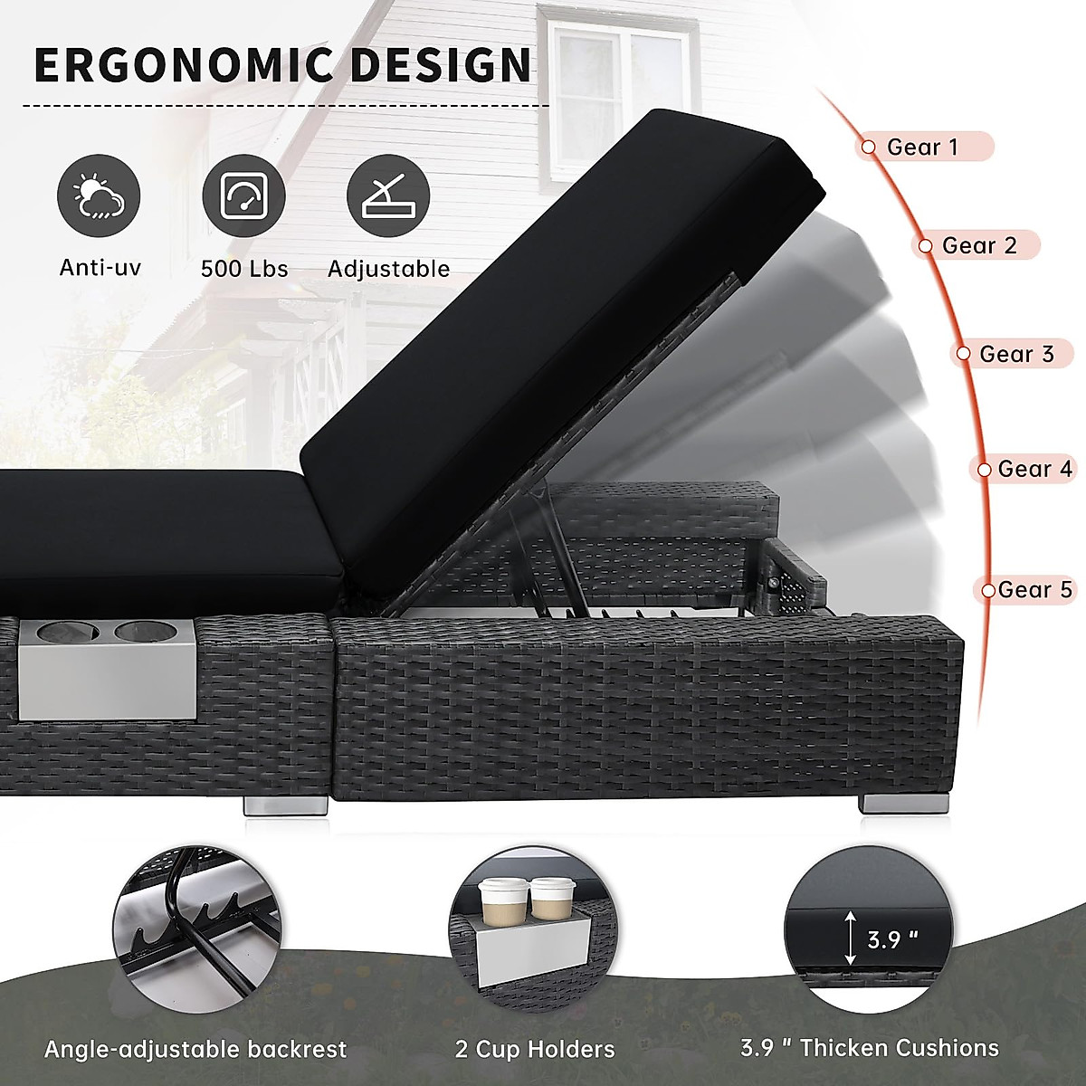 BULEXYARD Black Patio PE Wicker Lounge Chaise Chair Sets of 2 Conversation Rattan Outdoor Furniture Heavy Duty Deep Seating Recliner Handwoven (Black Lounge Chaise x2)