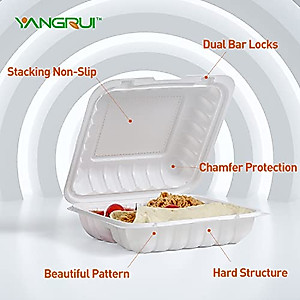 YANGRUI Clamshell Food Containers, 100 Pack Large Capacity 9 Inch 41 OZ Clean Film Package Meal Prep Container BPA Free Microwave Freezer Safe 3 Compartments Plastic To Go Containers