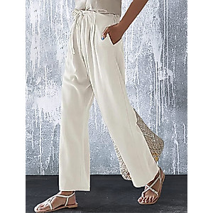 GLIENST Women's Linen Drawstring Palazzos Pants Wide Leg Elastic Waist Loose White Cropped Pants Trousers Casual Sweat Palazzos Pants for Ladies Girls White XL