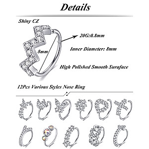 Tornito 10Pcs Nose Ring Hoop Paved Flower Leaf Feather CZ Cartilage Earrings Nose Piercing Jewelry for Women Men Silver Gold Rose Gold Tone 20G (H: Silver Tone)