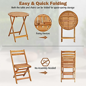 Tangkula 3 Pieces Folding Patio Bistro Set, Solid Acacia Wood Table and Chairs with Slatted Tabletop, Back & Seat, Foldable Outdoor Furniture Set for Patio, Backyard, Garden, Poolside, Natural