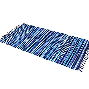 SERENITA Chindi Rug Reversible Rag Cotton Hand Woven Throw Area Rugs for Kitchen Bedroom Bathroom Livingroom Washable Stripe Blue 22" x 36"