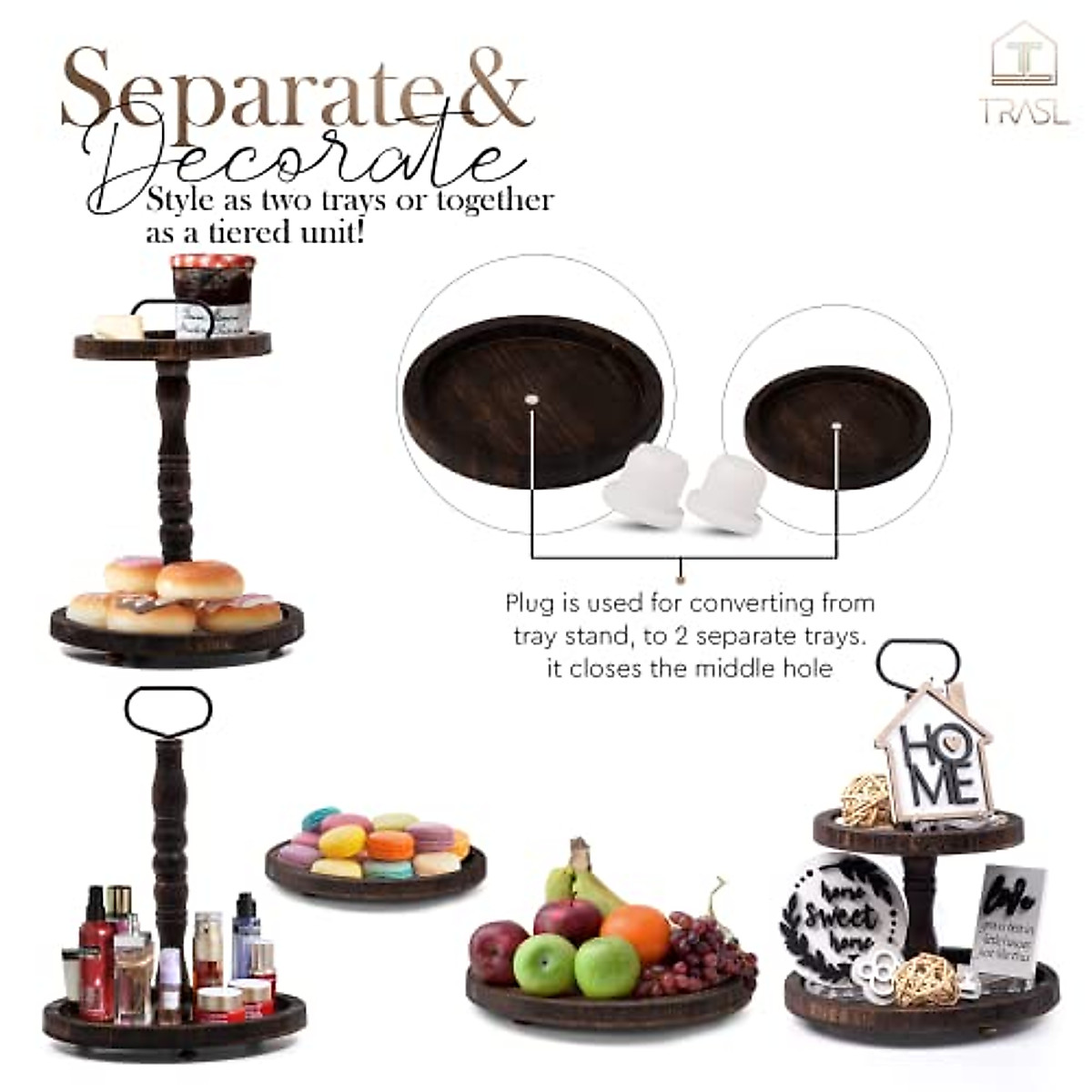Trasl 2 Tier Serving Tray Farmhouse with 7pc Decoration Set. Kitchen Decor Rustic Serving Stand Wood Serving Tray. Coffee Table Tea Tray Tables & Cupcake Stand Decorative Tray Wooden Tray Room Decor