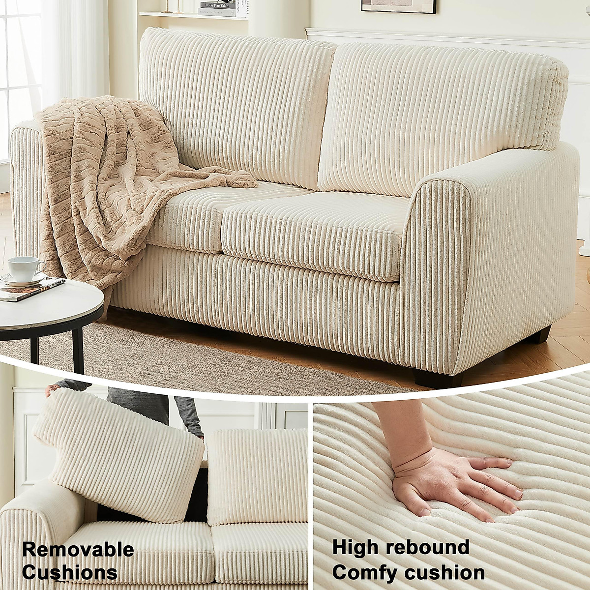 Mangodan 70" Corduroy Modern Loveseat Sofa Couch, Cozy Comfy Overstuffed Loveseat Couch Sofa with Square Wide Armrest, Extra Deep Seat Loveseat Couches for Living Room, Beige