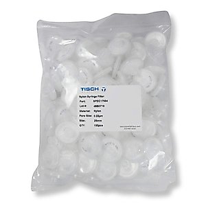 Tisch Brand SPEC17984 Nylon Syringe Filter, 0.22um, 25mm, Double luer Lock, 1/pk/100 per Pack | Wettability: Hydrophilic | Maximum Operating Temperature: 100 Degrees C | Burst Pressure (psi): 87 |