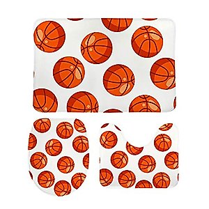 Bathroom Mat Rug Set Non Slip Including U-Shaped Contour Mat Toilet Seat Cover ﻿Red Basketball Balls Extra Soft Coral Fleece Memory Foam 3 Piece