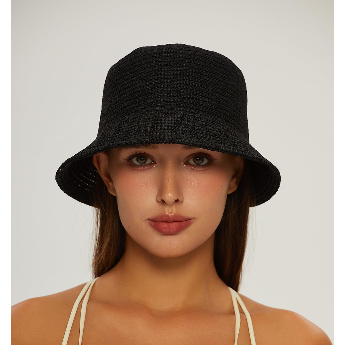 MEINICY Women Mesh Woven Bucket Hat Beach Hat Straw Sun Hat Fashion Foldable Packable Fishing Solid Black Hat for Spring Summer Autumn