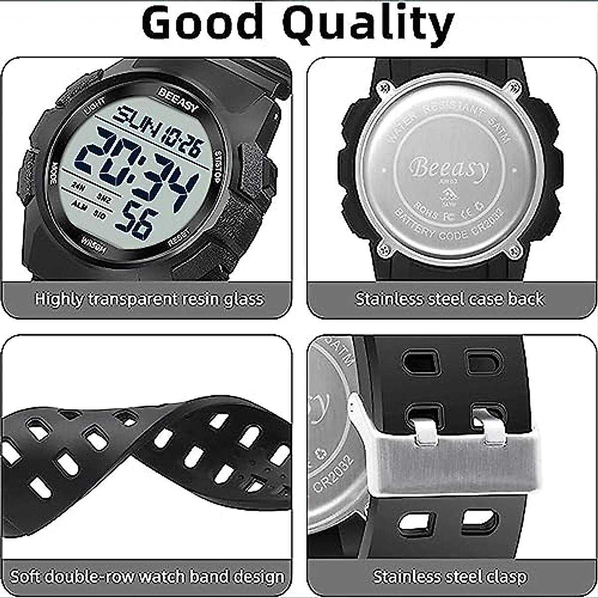 Beeasy Men Digital Sports Watch,Waterproof Watch with Stopwatch Countdown Timer Alarm Function Dual Time Watch for Mens Student