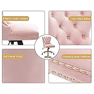 ZHENGHAO Velvet Vanity Chair with Gold Swivel Base, Upholstered Tufted Accent Office Desk Chair, Adjustable Armless Task Chair for Women Living Room Bedroom Makeup, Blush Pink