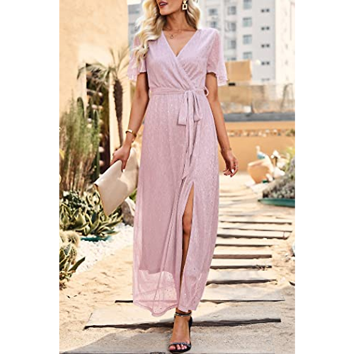 PRETTYGARDEN Women's Summer Maxi Glitter Dress Wrap V Neck Ruffle Sleeve Cocktail Party Long Dresses with Slit (Pink,X-Large)