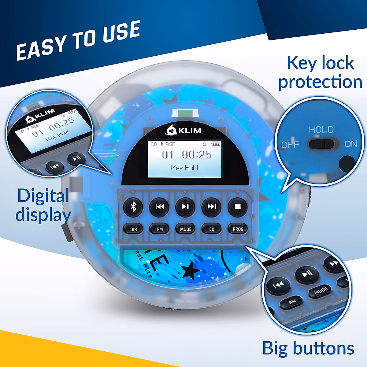 KLIM Nomad Transparent - New 2024 - Portable CD Player Walkman with Long-Lasting Battery - Includes Headphones - Radio FM - MP3 CD Player Portable - TF Card Radio FM Bluetooth - Ideal for Cars