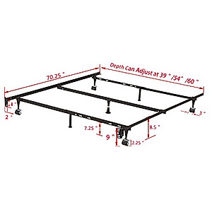 Kings Brand Furniture 7-Leg Adjustable Metal Bed Frame with Center Support Rug Rollers and Locking Wheels for Queen/Full/Full XL/Twin/Twin XL Beds