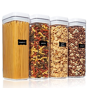 Airtight Food Storage Containers, Vtopmart 4 Pieces Large BPA Free Plastic Spaghetti Containers with Easy Lock Lids, for Kitchen Pantry Organization and Storage, Include 24 Labels (White,