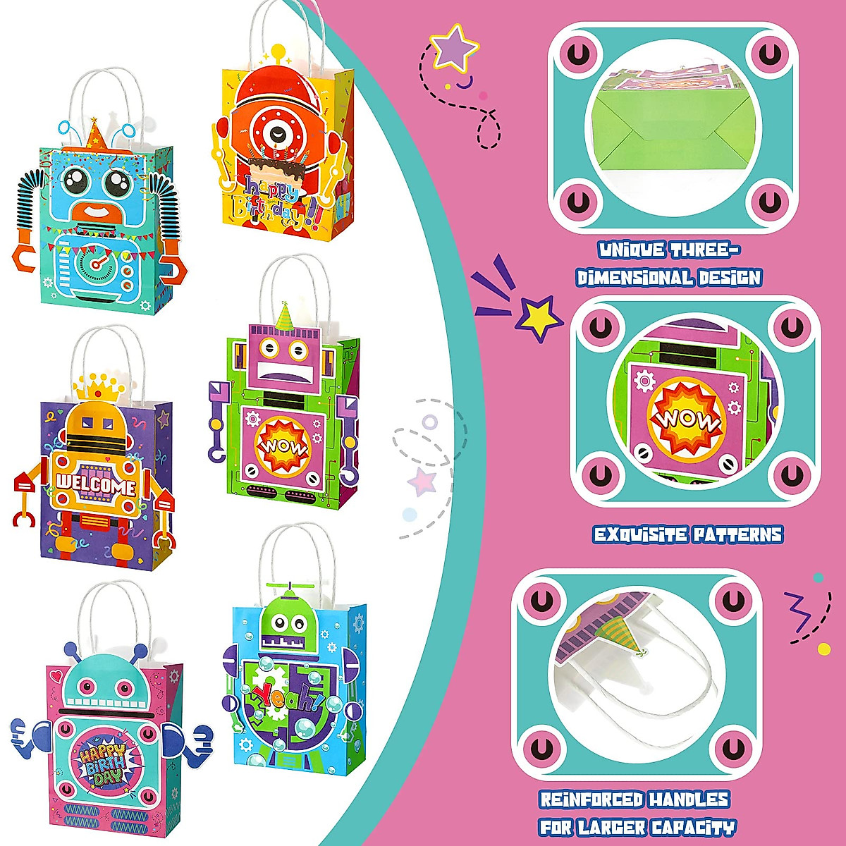 24 Pcs Robot Party Supplies Candy Gift Bags, Robot Goodie Gift Treat Bags, Kids Candy Treat Bags with Handle for Robot Themed Birthday Party Decorations Supplies