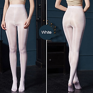 HTRUIYA Women's Oil Shiny Pantyhose High Stretch Dance Slik Tights High Waist Shimmer Pantyhose 60D White