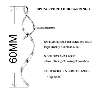 Spiral Threader Earrings for Women, Stainless Steel Drop Dangle Handmade Twisted Linear Curved Dangling Minimal Earrings (Silver)